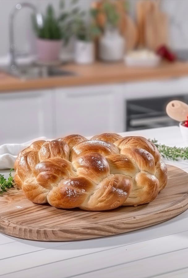 A Freshly Baked Braided Bread Loaf Sits on a Wooden Cutting Board in a ...
