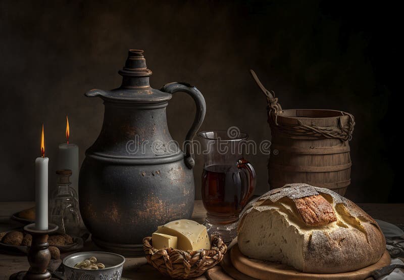 Freshly Baked Bread, Cheese and Wine on the Kitchen Table. Medieval ...