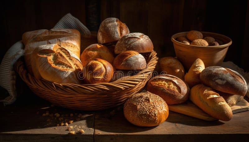 Freshly Baked Bread Collection on Rustic Table Generated by AI Stock ...