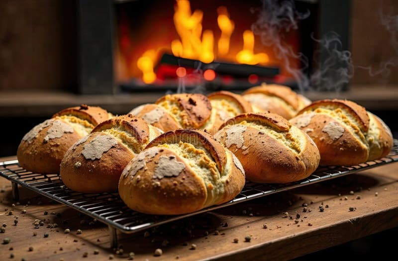 Freshly Baked Bread Cooling by a Warm Fire in a Rustic Kitchen Setting ...