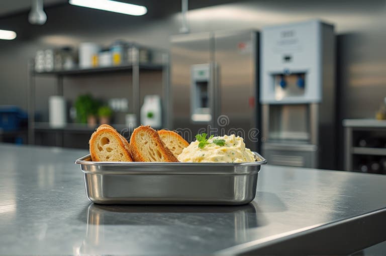 Freshly Baked Bread and Creamy Potato Mash in Industrial Kitchen ...