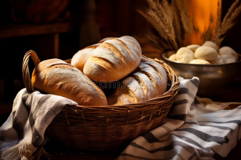 Freshly Baked Bread with Crispy Crust Cut and Served on Basket ...