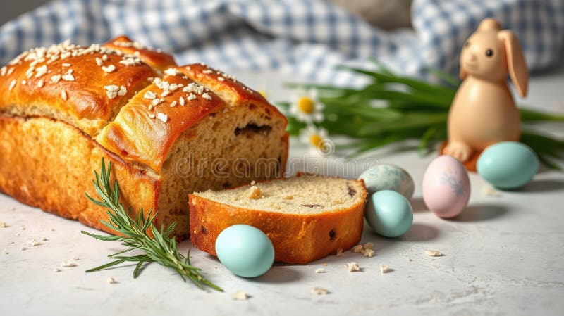 Freshly Baked Bread with Decorative Easter Eggs and a Wooden Bunny on a ...