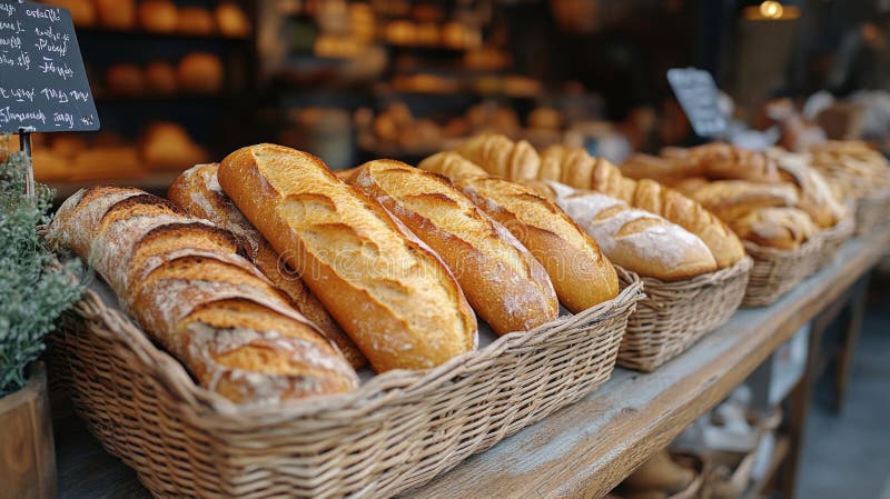 Freshly Baked Bread Display in a Rustic Bakery Showcasing Various Types ...