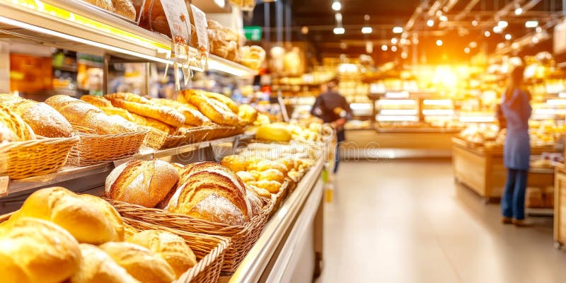 Freshly Baked Bread Displaying in Baskets at Supermarket Bakery Section ...