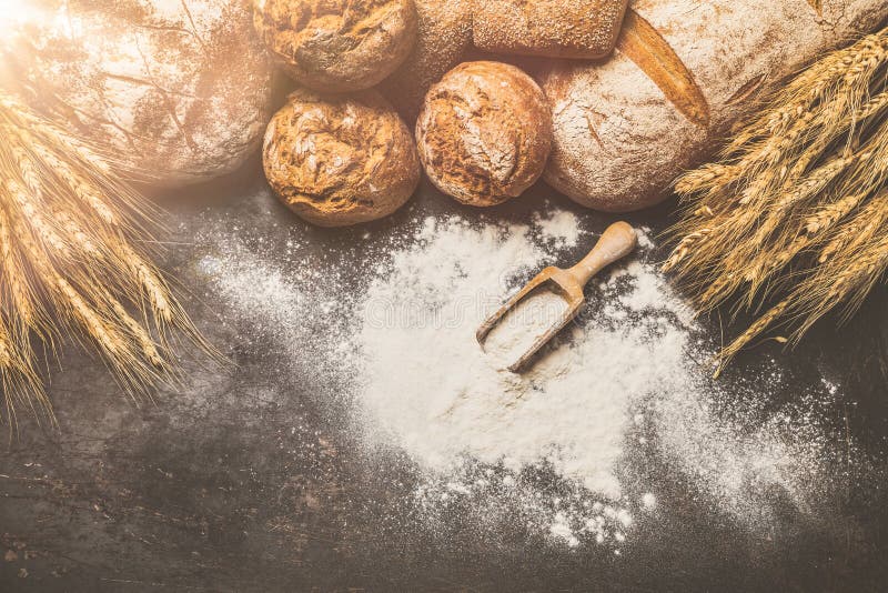 Freshly Baked Bread and Flour in a Bakery Set Stock Image - Image of ...