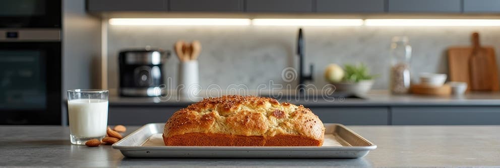 Freshly Baked Bread and Milk on Kitchen Counter with Almonds and Modern ...