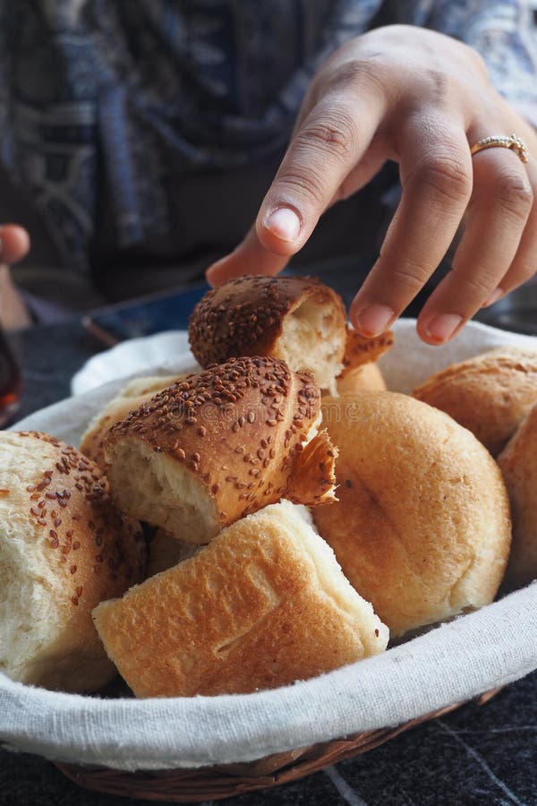 Freshly Baked Bread Rolls Served Basket Dining Table Stock Photos ...