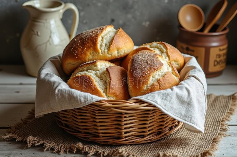 Freshly Baked Bread Rolls in Wicker Basket on Rustic Kitchen Counter ...