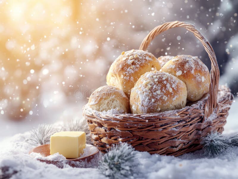 Freshly Baked Bread Rolls in a Woven Basket with Butter in a Winter ...