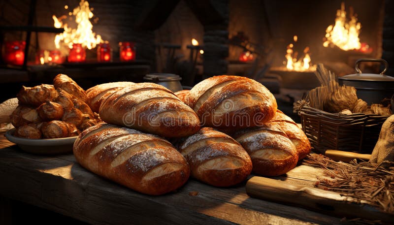 Freshly Baked Bread on Rustic Table, Ready To Eat Homemade Meal ...