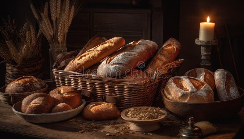 Freshly Baked Bread in Rustic Wicker Basket Generated by AI Stock ...