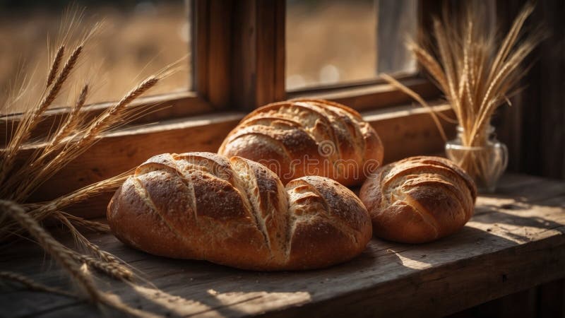 Freshly Baked Bread on Rustic Wooden Window Sill with Wheat Stalks ...