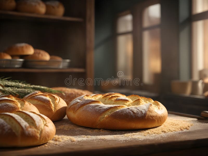 Freshly Baked Bread on Table in Bakery. Bake and Pastry Illustration ...