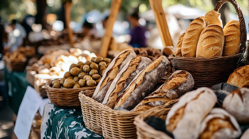 Freshly Baked Bread at a Vibrant Market. Baskets Full of Various Loaves ...