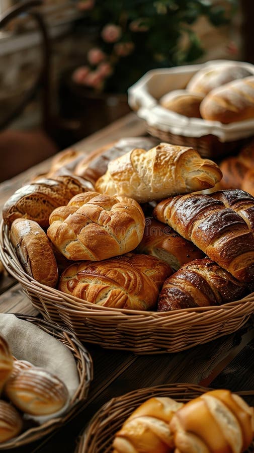 Rustic Basket Filled Assortment Freshly Baked Bread Wooden Table Stock ...