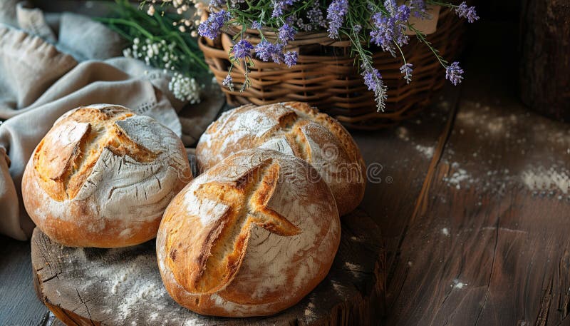 Freshly Baked Bread on Wooden Table, a Rustic Homemade Meal Stock ...
