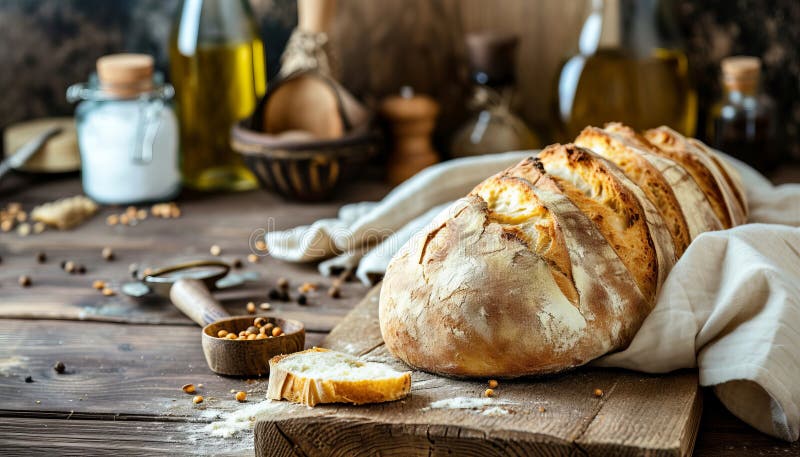 Freshly Baked Bread on Wooden Table, a Rustic Homemade Meal Stock ...