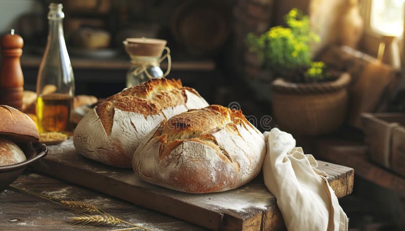 Freshly Baked Bread on Wooden Table, a Rustic Homemade Meal Stock ...