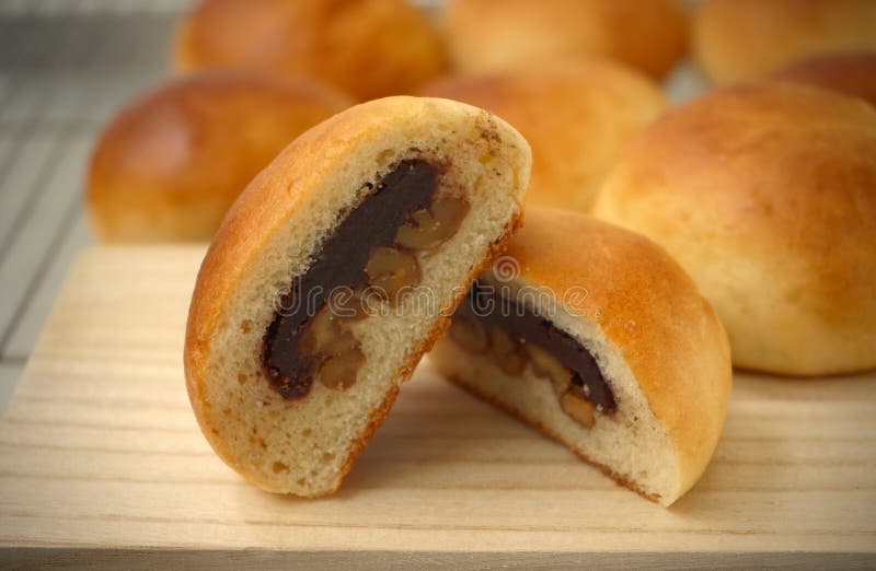 Freshly Baked Buns Lotus Red Bean Cut in Half Put Side by Side Stock ...