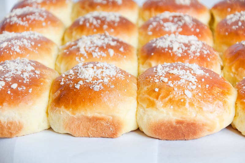 Freshly Baked Buns with White Sprinkle Stock Photo - Image of golden ...