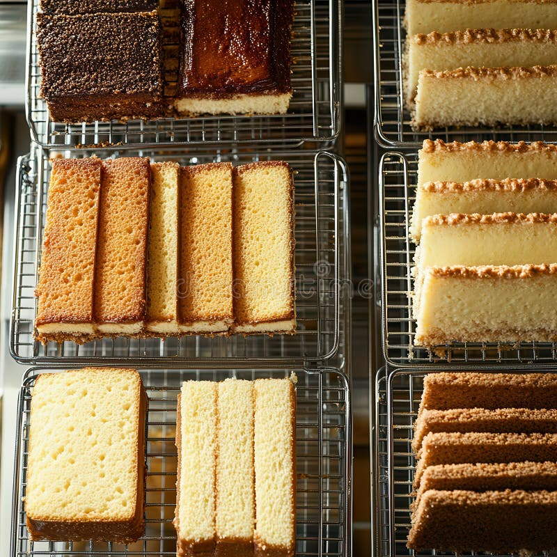 Freshly Baked Cake Layers Cool on Racks in an Industrial Bakery Setting ...