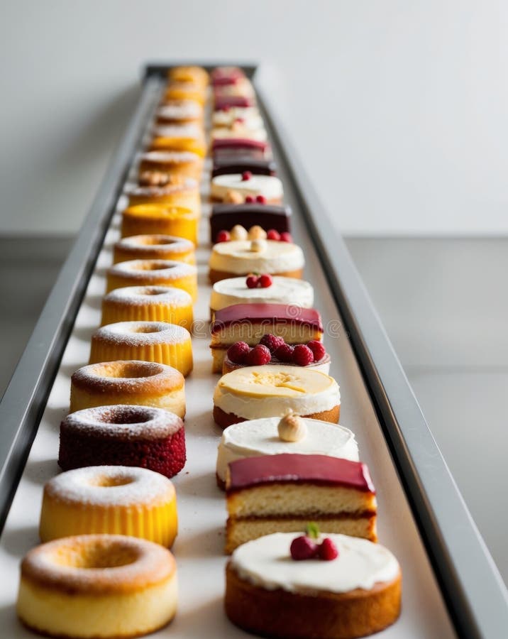 Freshly Baked Cakes and Pastries on a Conveyor Belt. Stock Image ...