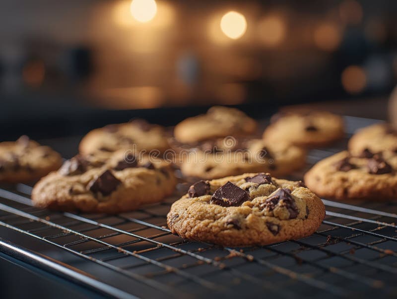 Freshly Baked Chocolate Chip Cookies Cooling on a Wire Rack in a Cozy ...