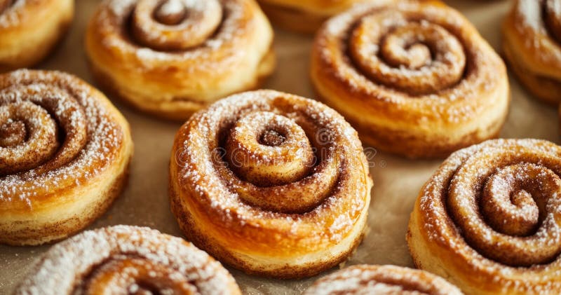 Freshly Baked Cinnamon Rolls with Sugar Dusting on Rustic Baking Sheet ...