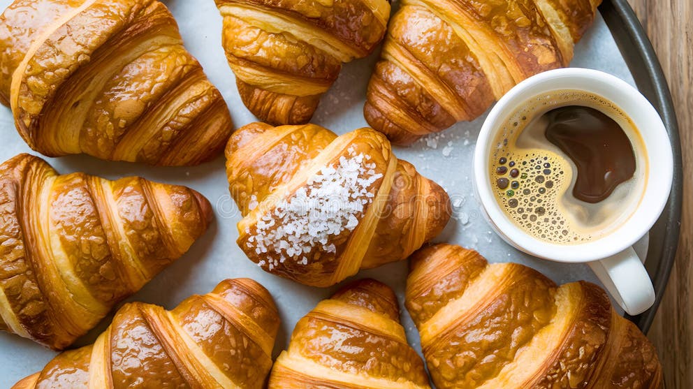 Freshly Baked Croissant with Powdered Sugar Next To a Cup of Espresso ...