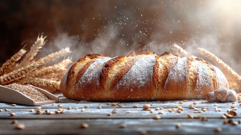Freshly Baked Crusty Bread Loaf Wheat Flour Dust Rustic Table Stock ...