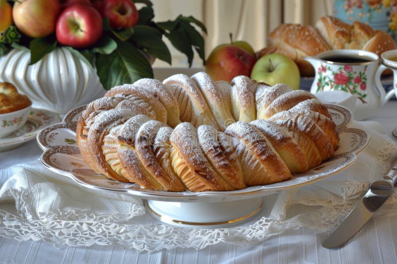 Freshly Baked Festive Bread Ring with Powdered Sugar, Presented in a ...