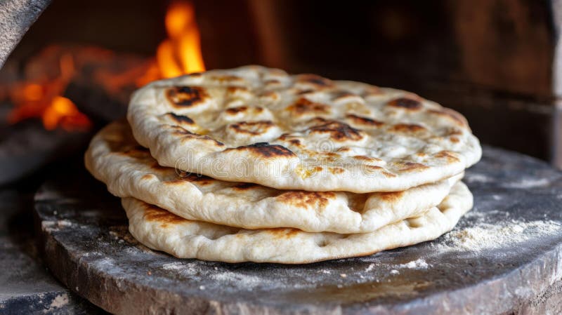 Freshly Baked Flatbreads Stacked Near a Fire Stock Illustration ...