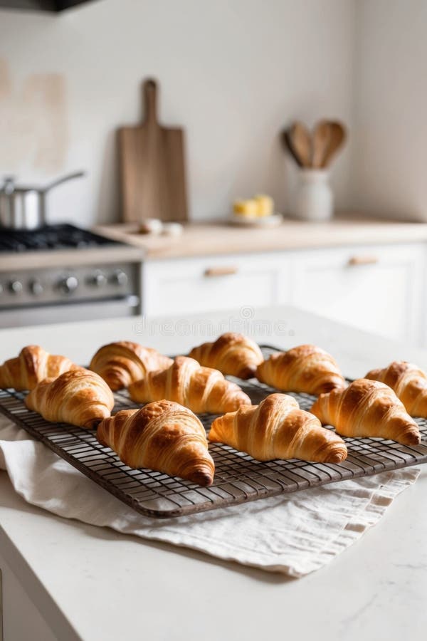 Freshly Baked Golden Croissants on Cooling Rack in Kitchen Setting ...