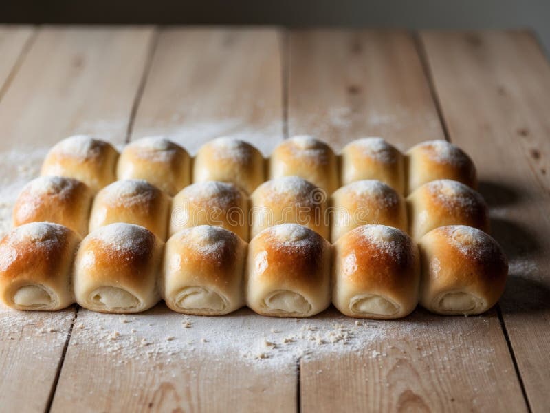 Freshly Baked Golden Dinner Rolls on Rustic Wooden Table. Stock Photo ...