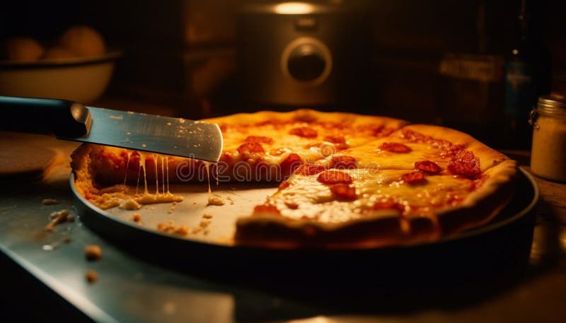 Freshly Baked Gourmet Pizza with Melted Mozzarella on Rustic Table ...