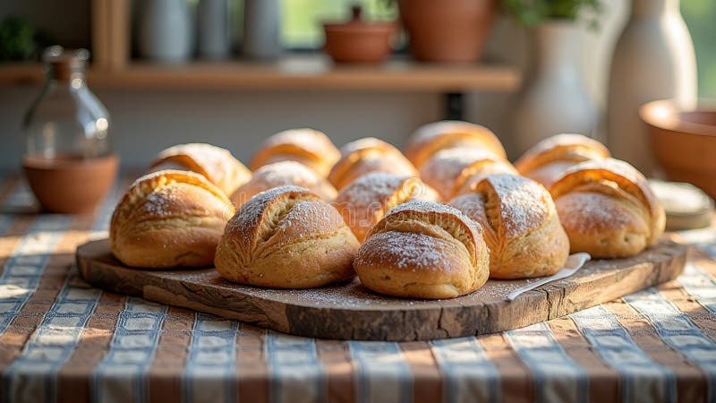 Freshly Baked Homemade Pastries with Sugar Dusting on Wooden Board ...