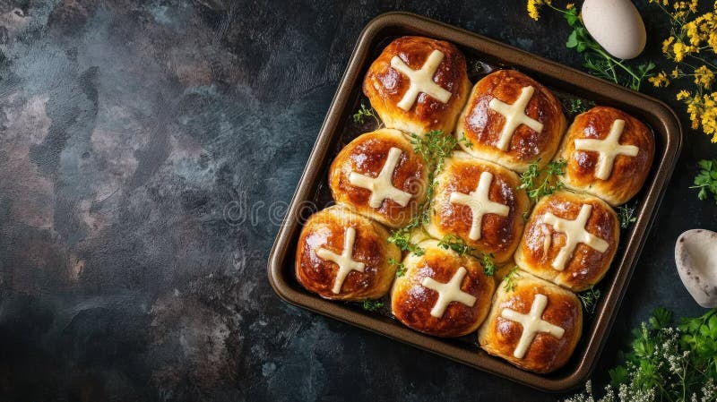 Freshly Baked Hot Cross Buns in a Baking Tray Stock Illustration ...