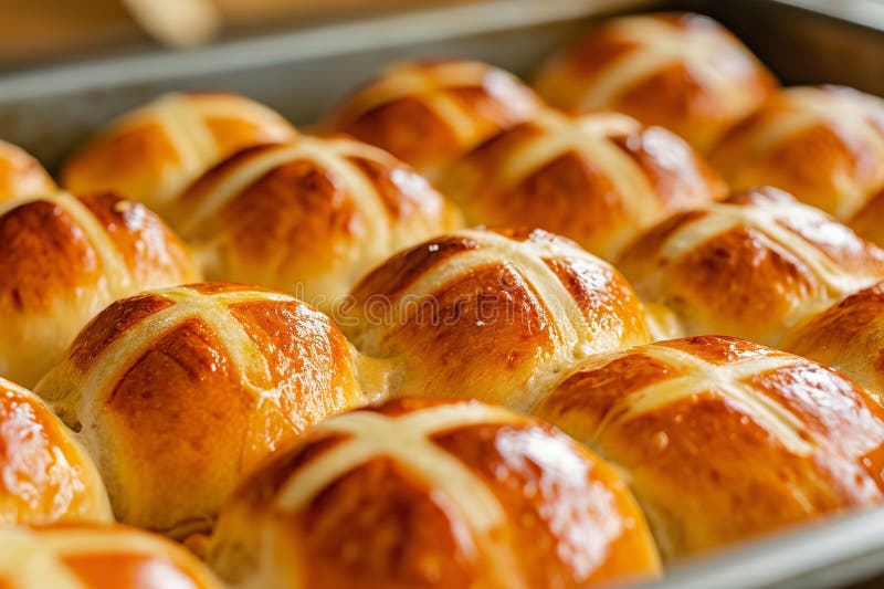 Freshly Baked Hot Cross Buns. Close Up Stock Image - Image of baked ...