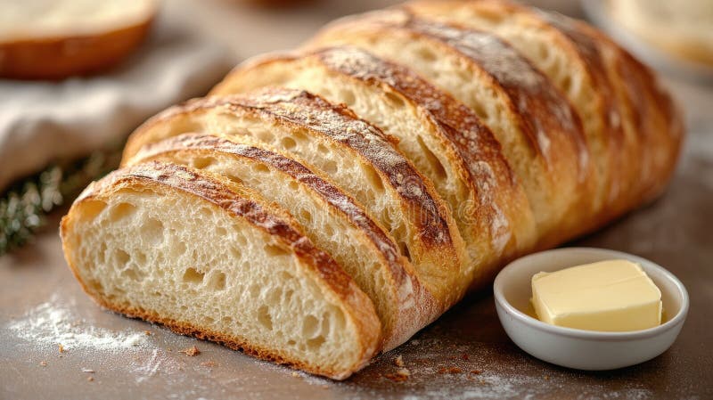 Freshly Baked Loaf of Bread Resting on Dark Plate with Butter Stock ...
