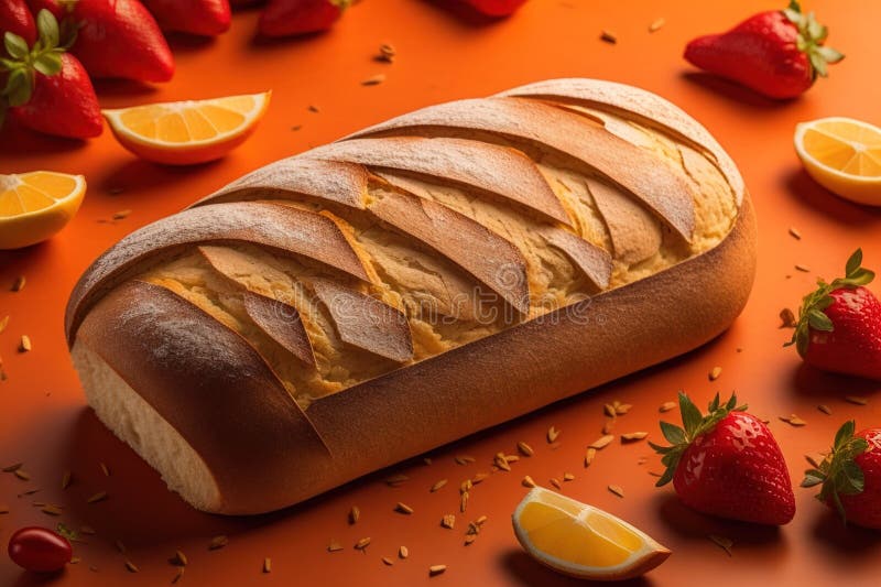 Freshly Baked Loaf of Bread with Strawberries and Lemon on Orange ...