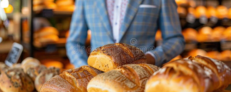 Freshly Baked Loaves of Bread in a Bakery Display with a Man Dressed in ...