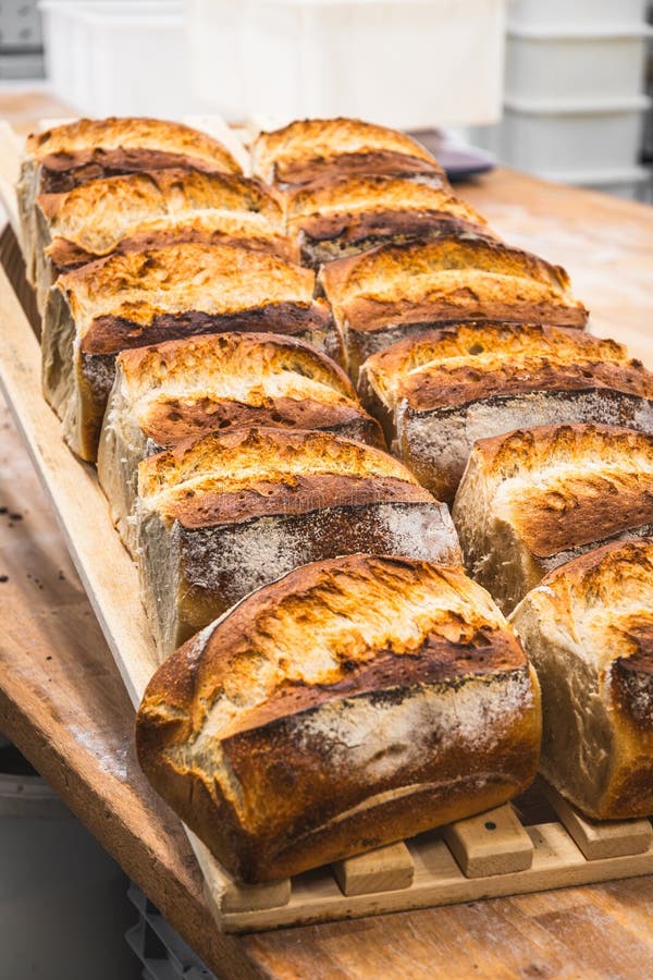 Freshly Baked Loaves of Bread on a Wooden Board Stock Photo - Image of ...