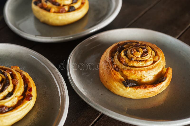 Freshly Baked Mixed Fruit Cinnamon Roll on a Ceramic Plates in Sunlight ...