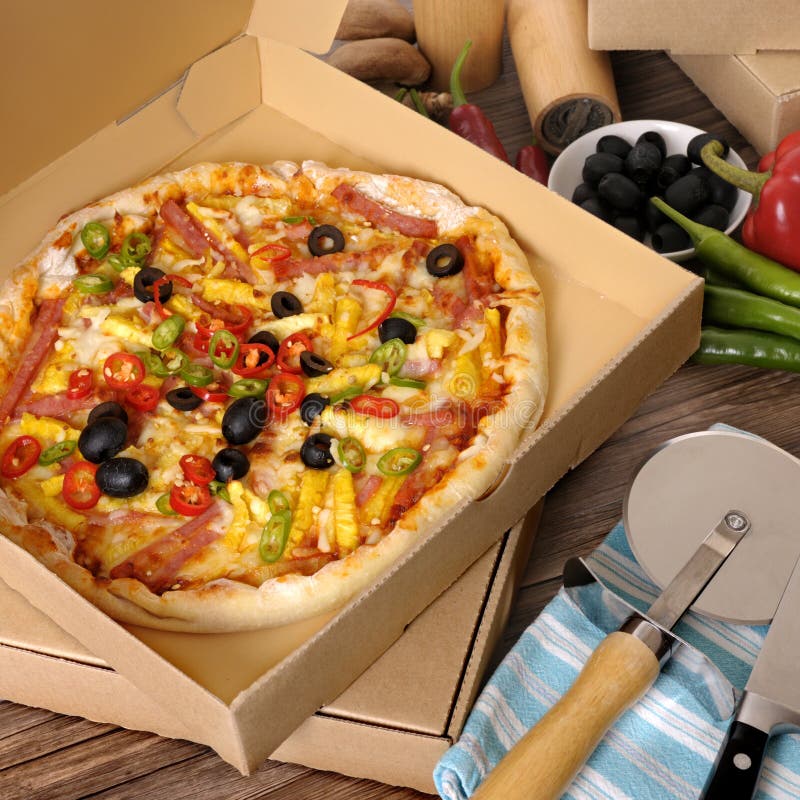 Freshly Baked Pizza in Delivery Box with Ingredients Stock Image ...