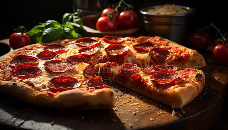 Freshly Baked Pizza on Rustic Wood Table, a Gourmet Delight Generated ...