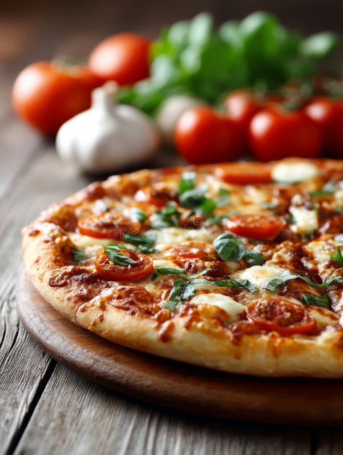 Freshly Baked Pizza with Toppings on a Wooden Table. Stock Photo ...