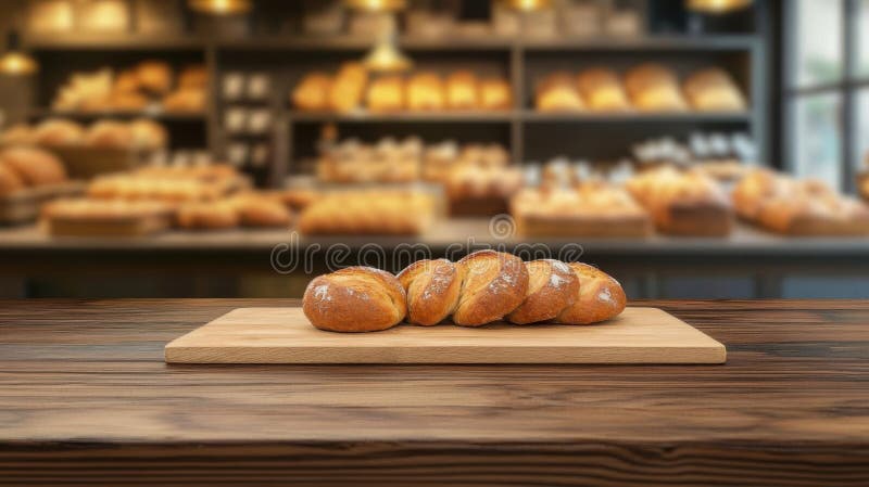 Freshly Baked Rolls on Wooden Board Showcase Bakery Bread Display with ...