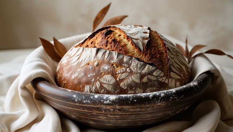 A Freshly Baked Rustic Loaf of Bread Rests Inside a Wooden Bowl. Stock ...