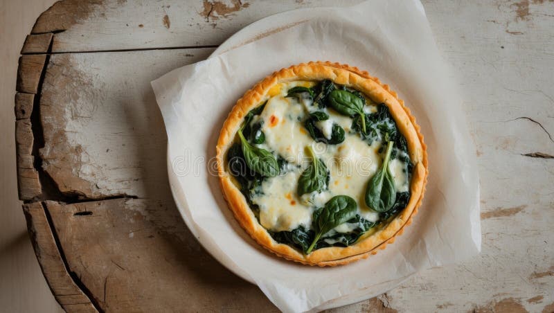 Freshly Baked Savory Tart with Spinach and Cheese on a Rustic Wooden ...